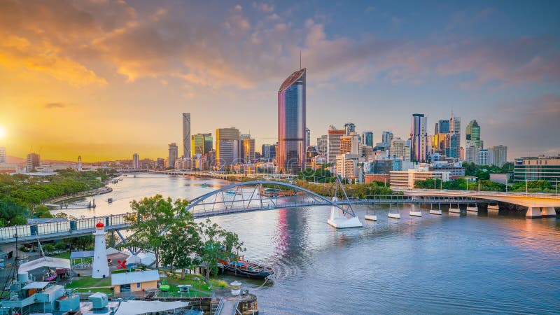 Brisbane City Skyline and Brisbane River at Sunset Stock Photo - Image ...