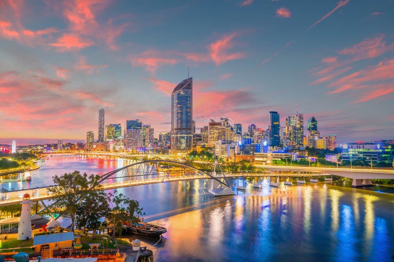 Brisbane City Skyline and Brisbane River at Sunset Stock Photo - Image ...