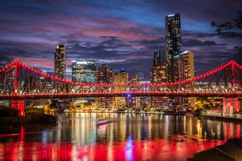 Brisbane S Storey Bridge at Night with Reflections. Stock Image - Image ...