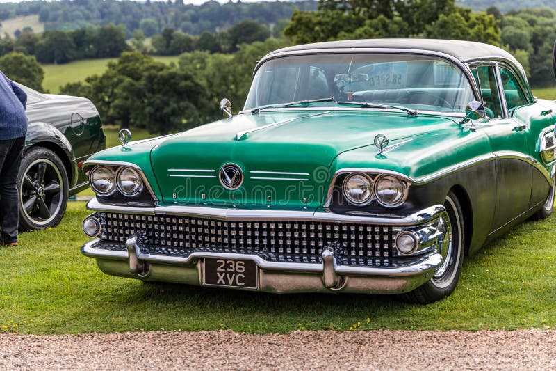 Bristol, UK- August 11, 2024: Front of 1958 Buick Special Emerald Green ...