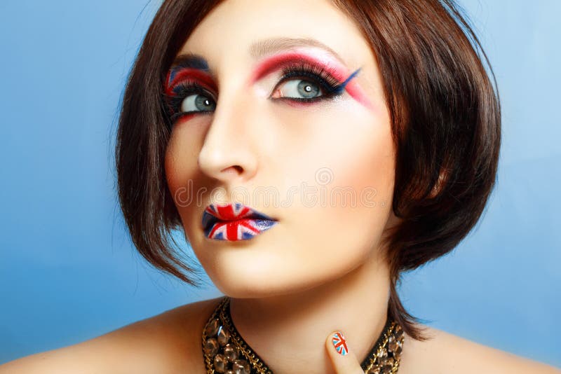 Britain flag on her lips stock image. Image of kingdom - 29689393
