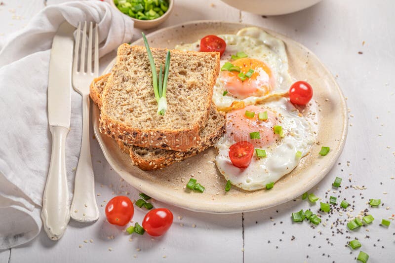 British Breakfast with Egg, Tomato and Bread Stock Image - Image of ...