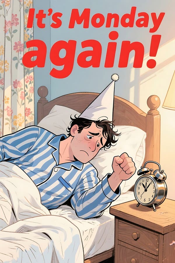 British Comic of Sleepy Man Slapping Alarm Clock: Itâ€™s Monday Again ...