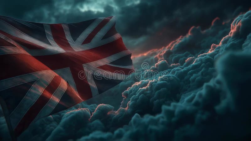British Flag Flying Against Dramatic Clouds and Sunset in a ...