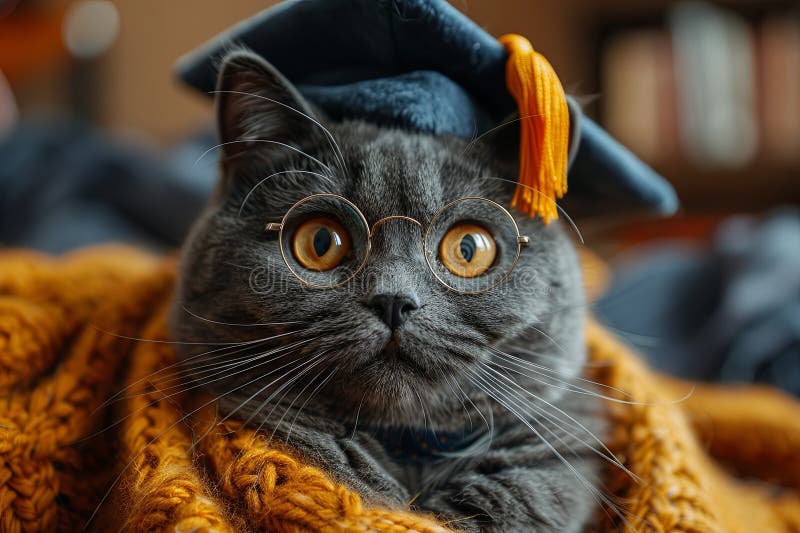 British Grey Cat Wearing a Graduation Cap and Glasses and Looking at ...