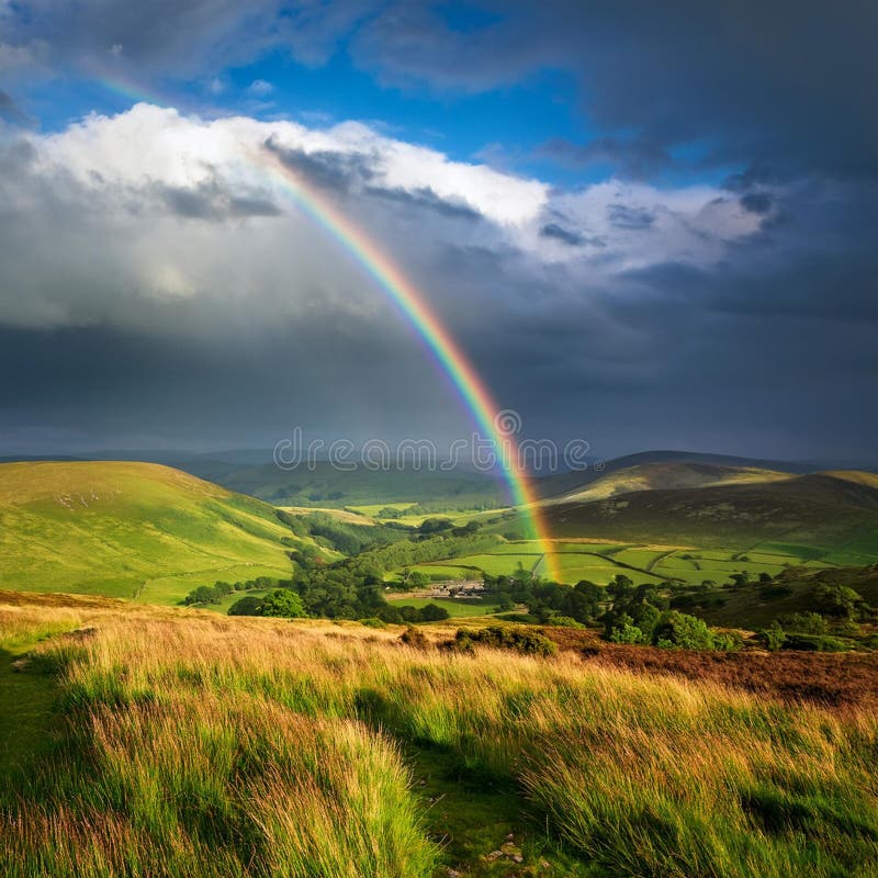 British Hills with Rainbow, AI Generated Stock Illustration ...