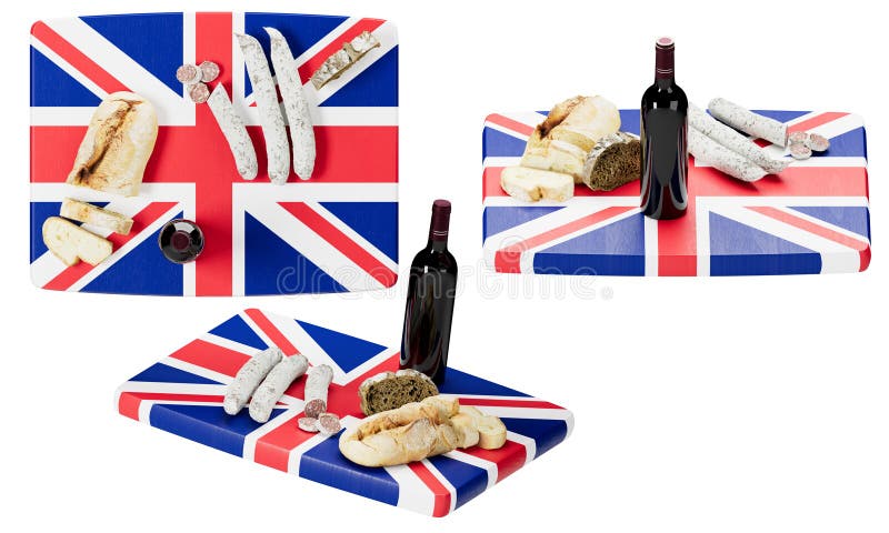 British-Inspired Gourmet Feast with Wine on Union Jack Backdrop Stock ...