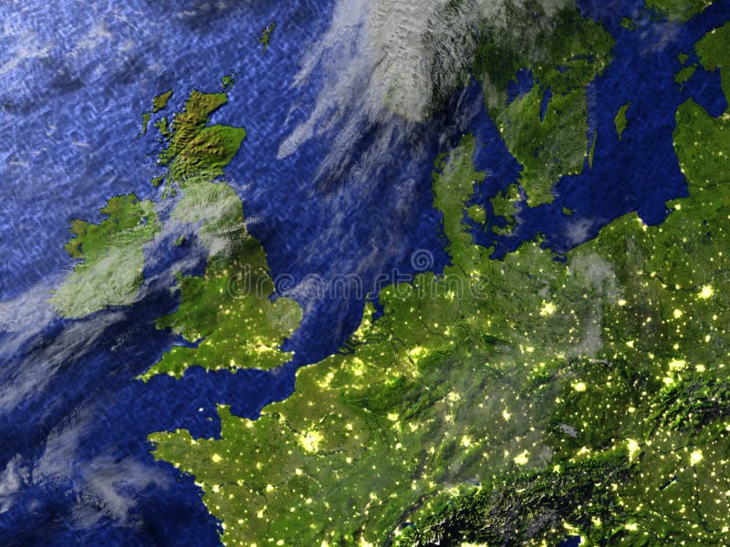 British Islands at Night on Realistic Model of Earth Stock Illustration ...