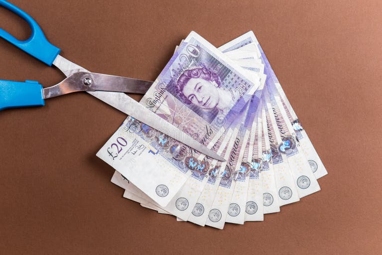 British Money Background 20 Pound Notes are Cut by Scissors Editorial ...
