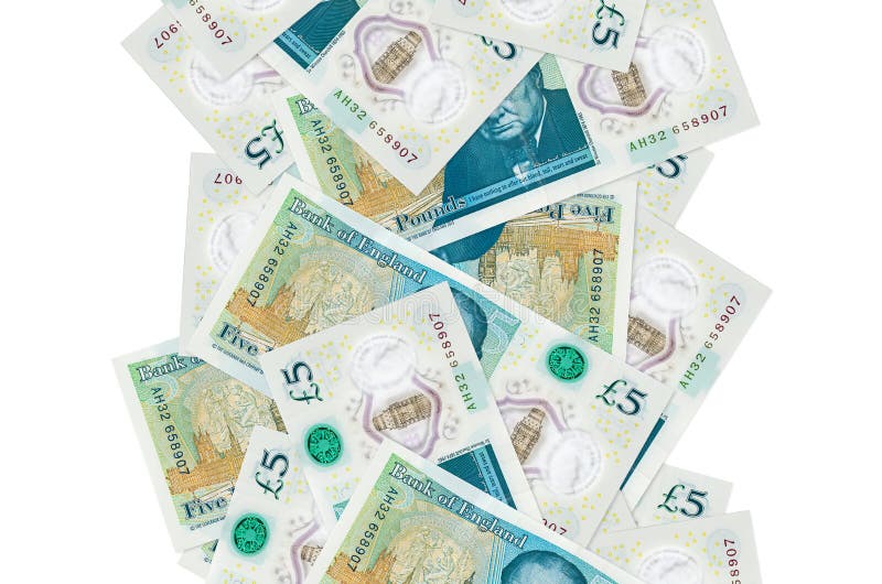 5 British Pounds Bills Flying Down Isolated on White. Many Banknotes ...
