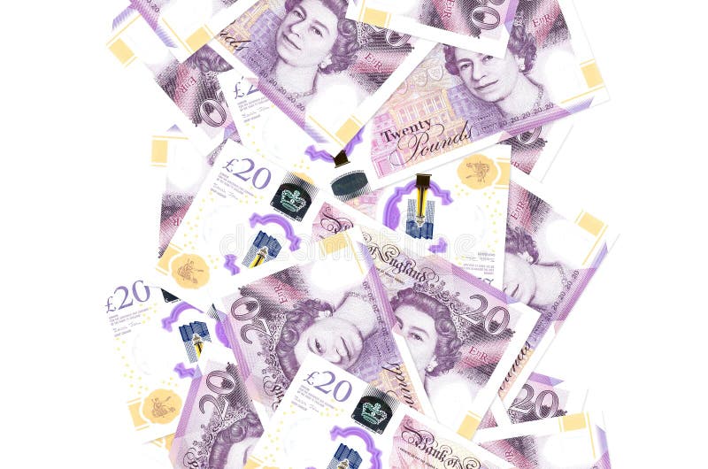 20 British Pounds Bills Flying Down Isolated on White. Many Banknotes ...