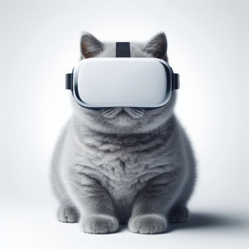 A British Shorthair Cat Sitting Down Wearing a Virtual Reality Headset ...