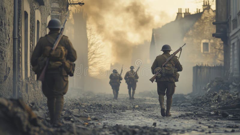 British Soldiers Navigating Cautiously through War-torn Streets Urban ...