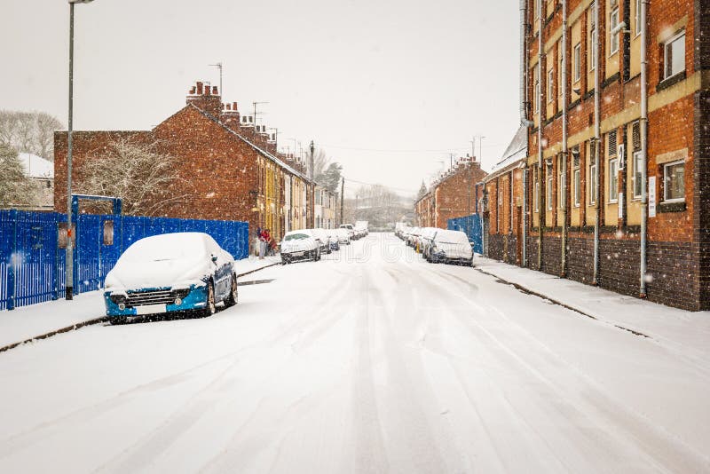 British Street Under Winter Snow Fall in England Uk Stock Image - Image ...