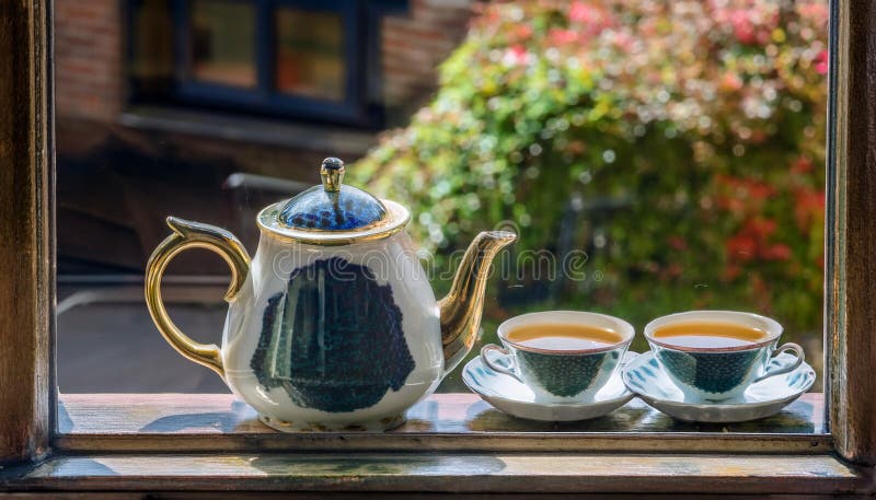 A British Teapot and Two Cups of Tea, AI Generated Stock Illustration ...