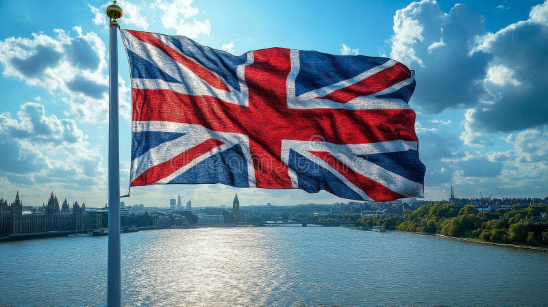 British Union Jack Flag Waving in the Wind Against a Skyline at Sunset ...