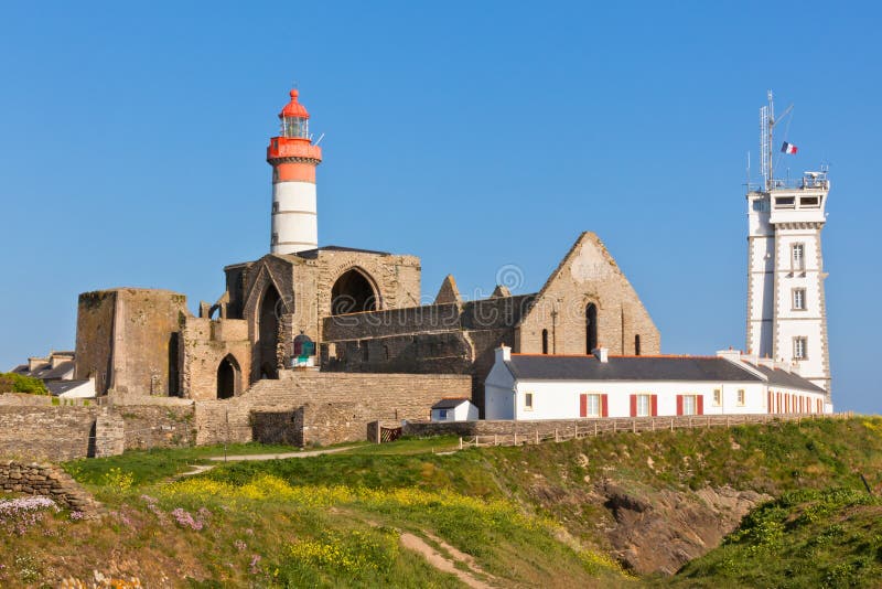 Brittany: Saint Mathieu Lighthouse and Old Abbey Ruins Stock Photo ...