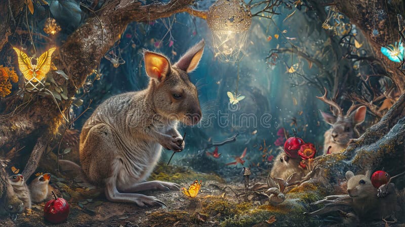Broad-faced Potoroo in a Mythical Woodland Setting, Surrounded by ...