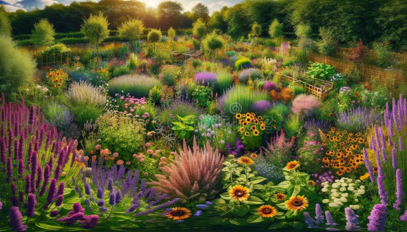 Broad Panoramic View of a Sustainable Garden with a Focus on Pollinator ...