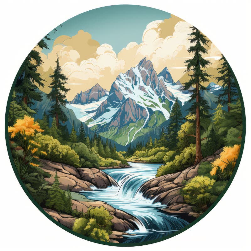 Broad Peak Landscape Logo with Waterfall and Trees Stock Illustration ...