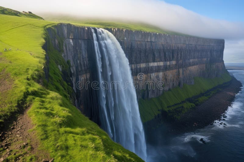 Broad Waterfall Spilling Over Flat-topped Cliff Stock Photo - Image of ...