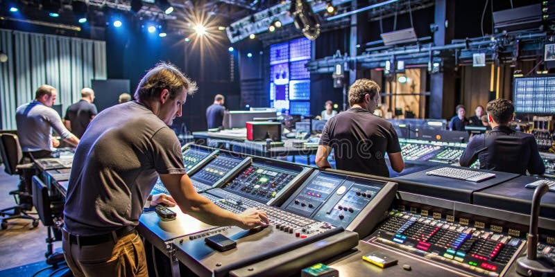 Broadcast Engineer Working on Audio Mixer Console in Television Studio ...
