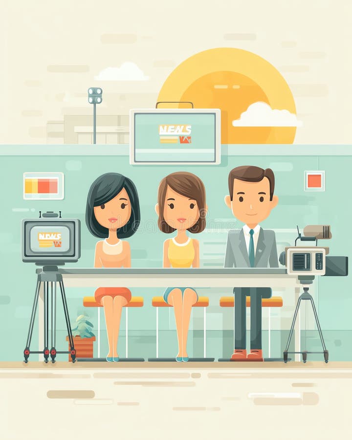 Broadcast-ready News Segment Interior Vector Illustration of a News Broadcast in Progress ...