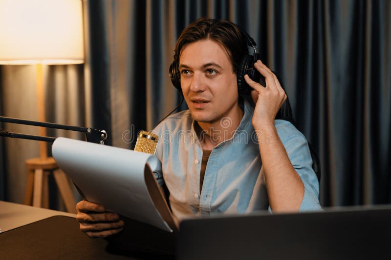 Broadcaster Reading Script Note To Listener in Warm Light at Night ...