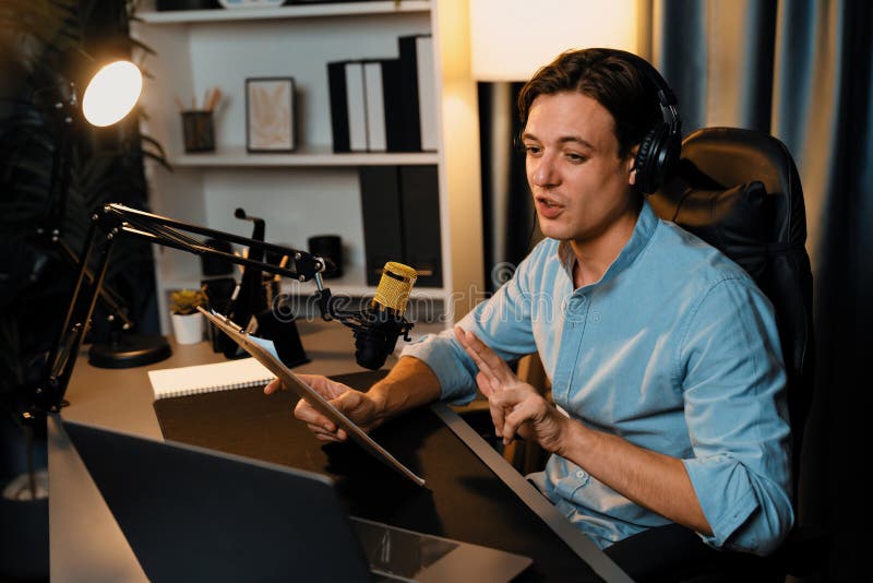 Broadcaster Reading Script Note To Listener in Warm Light at Night ...