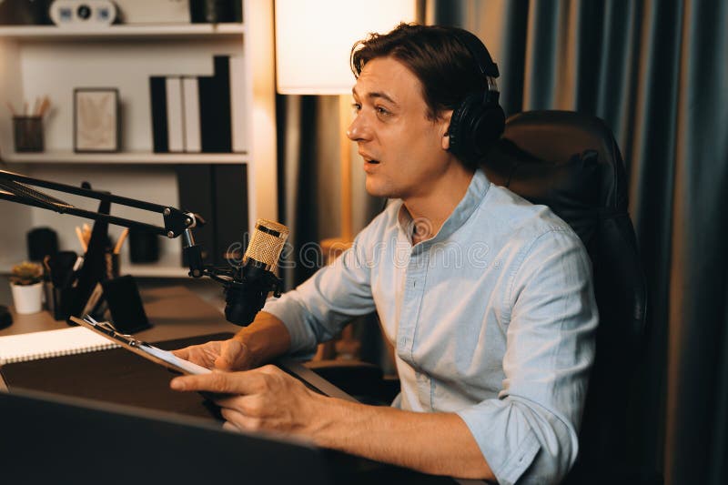 Broadcaster Reading Script Note To Listener in Warm Light at Night ...