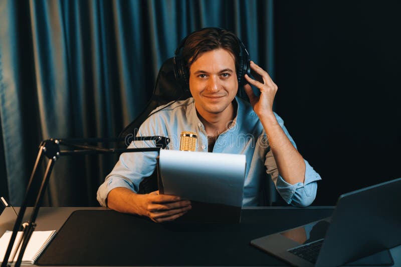 Broadcaster Reading Script Note To Listener in Warm Light at Night ...