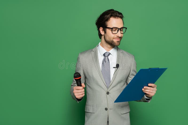 Broadcaster in Suit and Eyeglasses Holding Stock Image - Image of ...