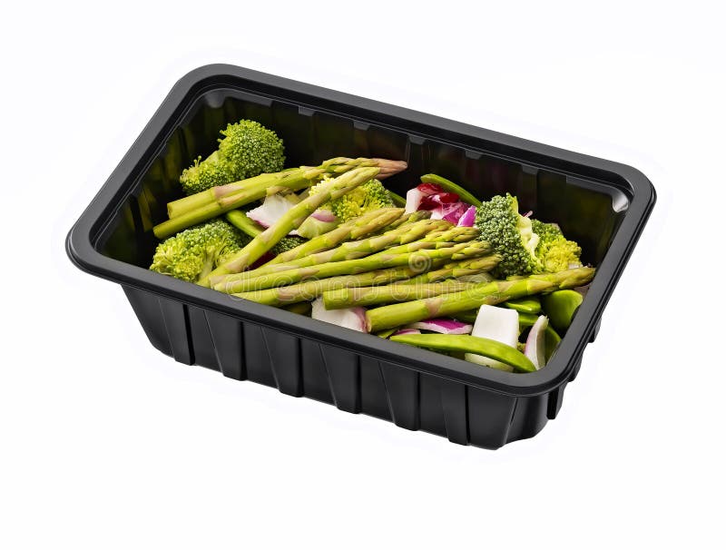 Broccoli Asparagus Onion in a Plastic Tray Isolated on White Stock ...