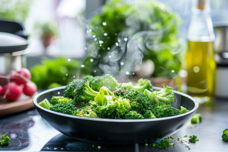 Broccoli is Being Cooked in a Frying Pan on a Stove As Part of a Recipe ...
