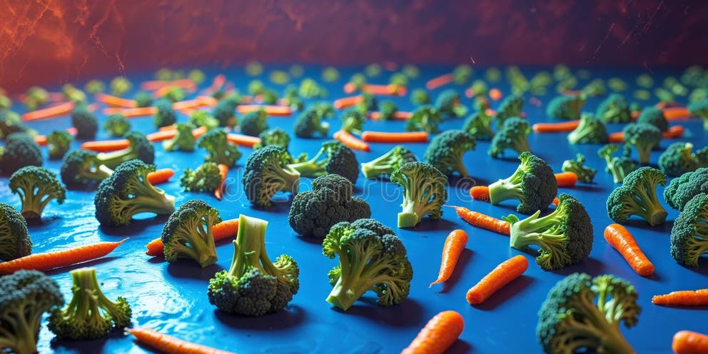 Broccoli and Carrot Scatter on Blue Backdrop. Stock Photo - Image of ...