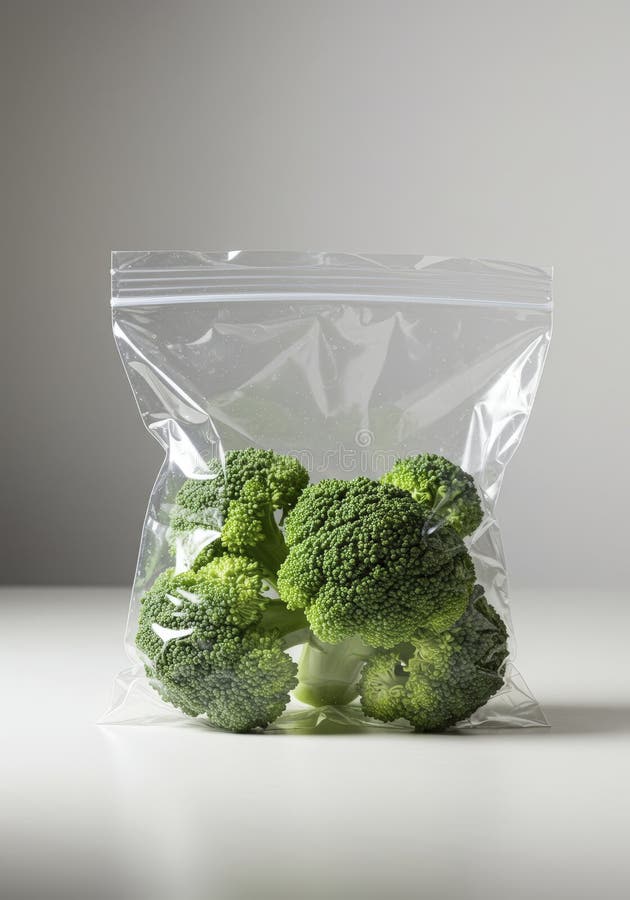 Broccoli in Clear Plastic Bag on White Surface Ready for Storage Stock ...
