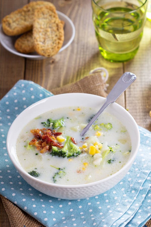 Broccoli and corn chowder stock photo. Image of blue - 38971032
