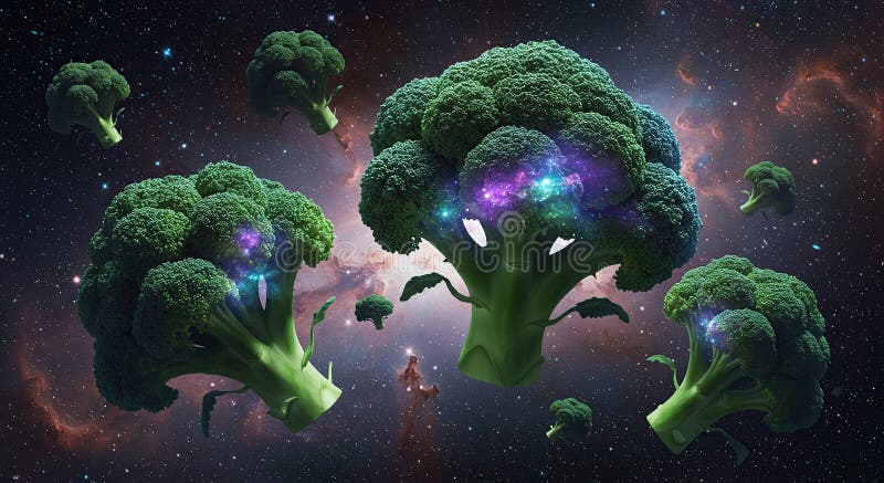 Broccoli Florets Floating in Nebula Space with Sparkling Lights Effect ...