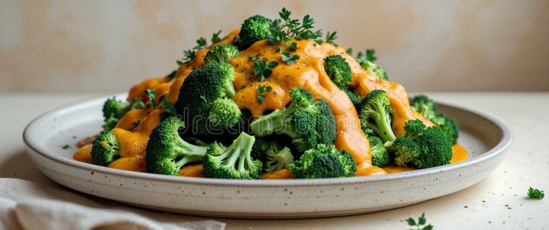 Broccoli Florets with Orange Sauce on Plate Ready To Eat Stock Photo ...
