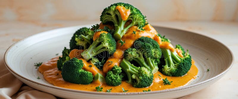 Broccoli Florets with Orange Sauce on Plate Ready To Eat. Stock Image ...