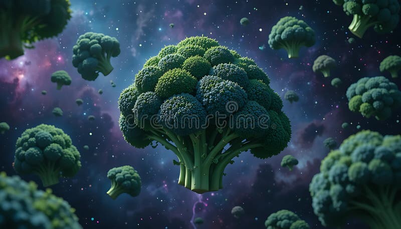 Broccoli Forest Floating through Colorful Nebula Background in Deep ...