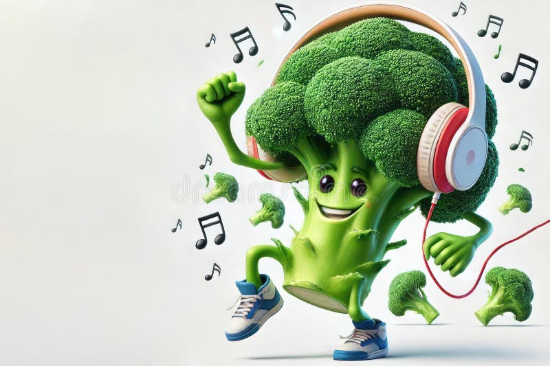 Broccoli in Headphones Dancing To the Music. Space for Text. Stock ...