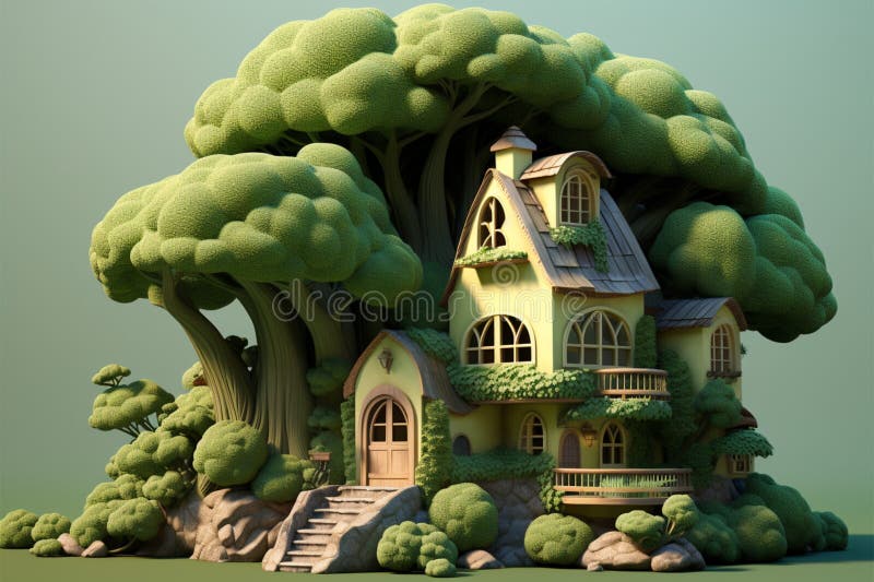 A Broccoli House in a Forest, Cartoon Style Stock Illustration ...