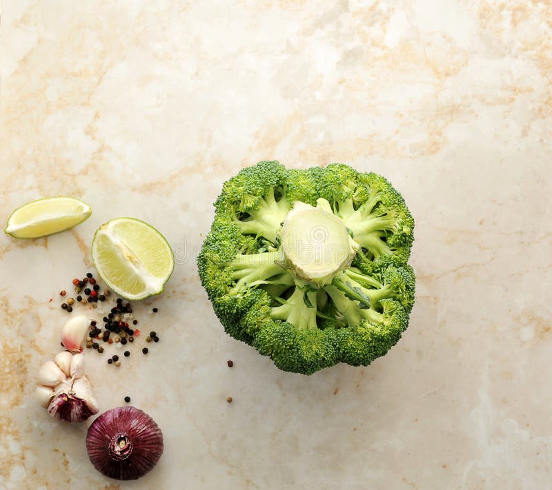 Broccoli, Lime, Garlic, Spices on Marble Background. Copy Space Stock ...