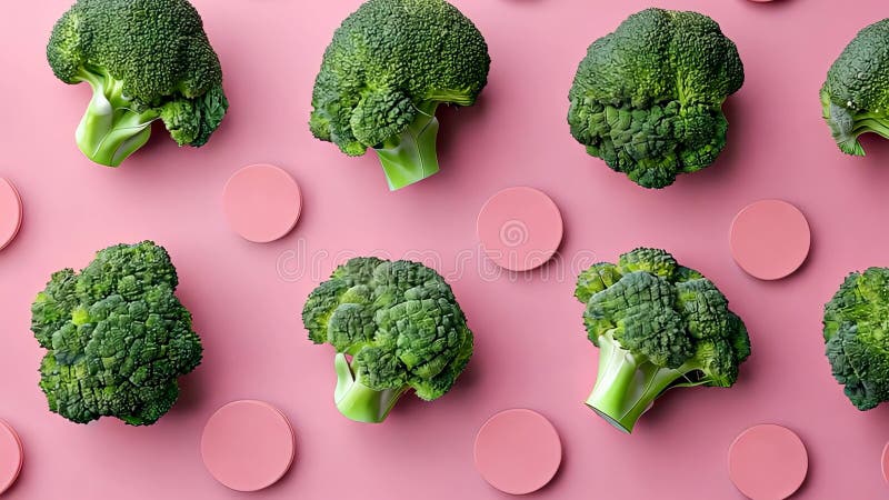 Broccoli on Pink Backdrop, Flat Lay Pattern. Modern Food Design Concept ...