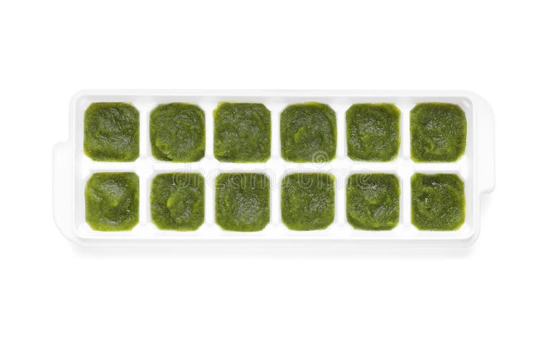 Broccoli Puree in Ice Cube Tray Isolated on White, Top View. Ready for ...