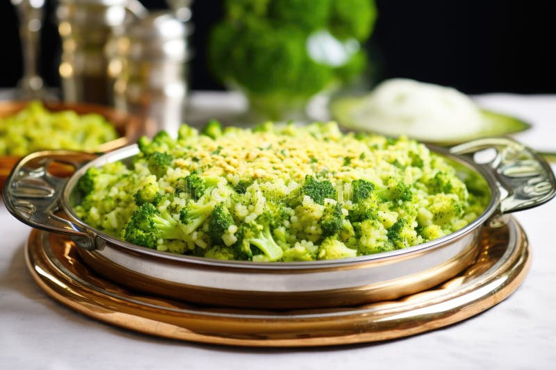 Broccoli Rice Serving on a Round Mirrored Dish Stock Image - Image of ...