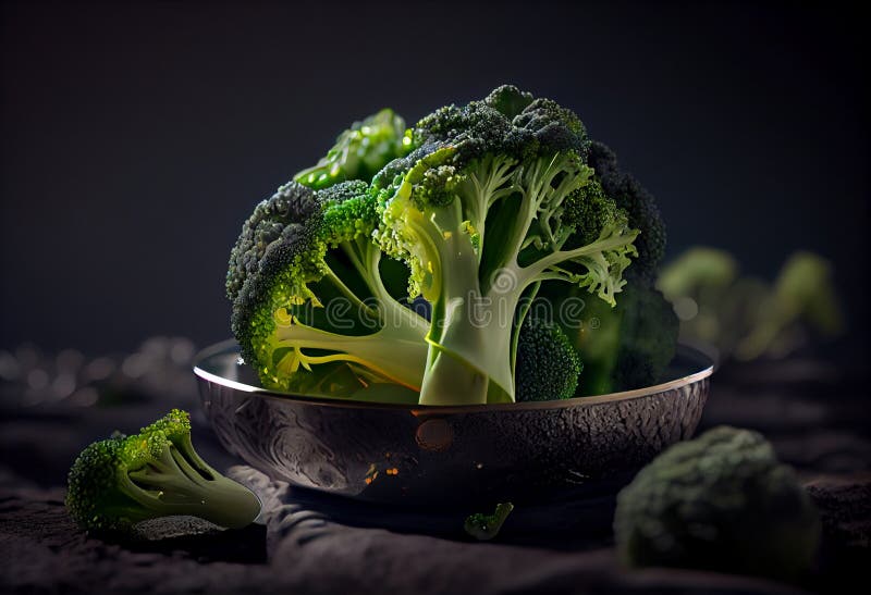 Broccoli on Round Cutting Board with Natural Light on the Left in Dark ...