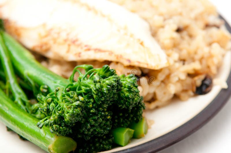 Broccolini on the Plate with Fish and Rice Stock Photo - Image of meal ...