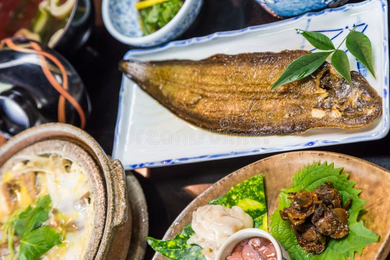 Luxurious Japanese Meal Set - Broiled Sole Fish and Boiled Loaches with ...